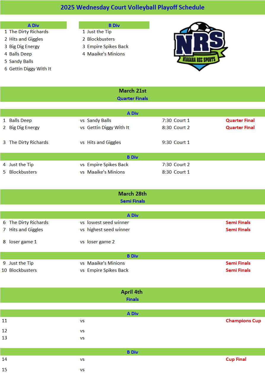 Friday Evening Court Volleyball Playoff Schedule | Niagara Rec Sports